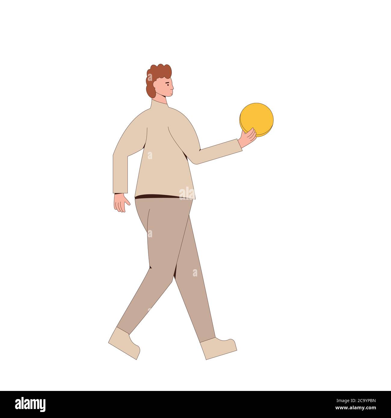 Man walking with money. Line art flat vector character with huge coin ...