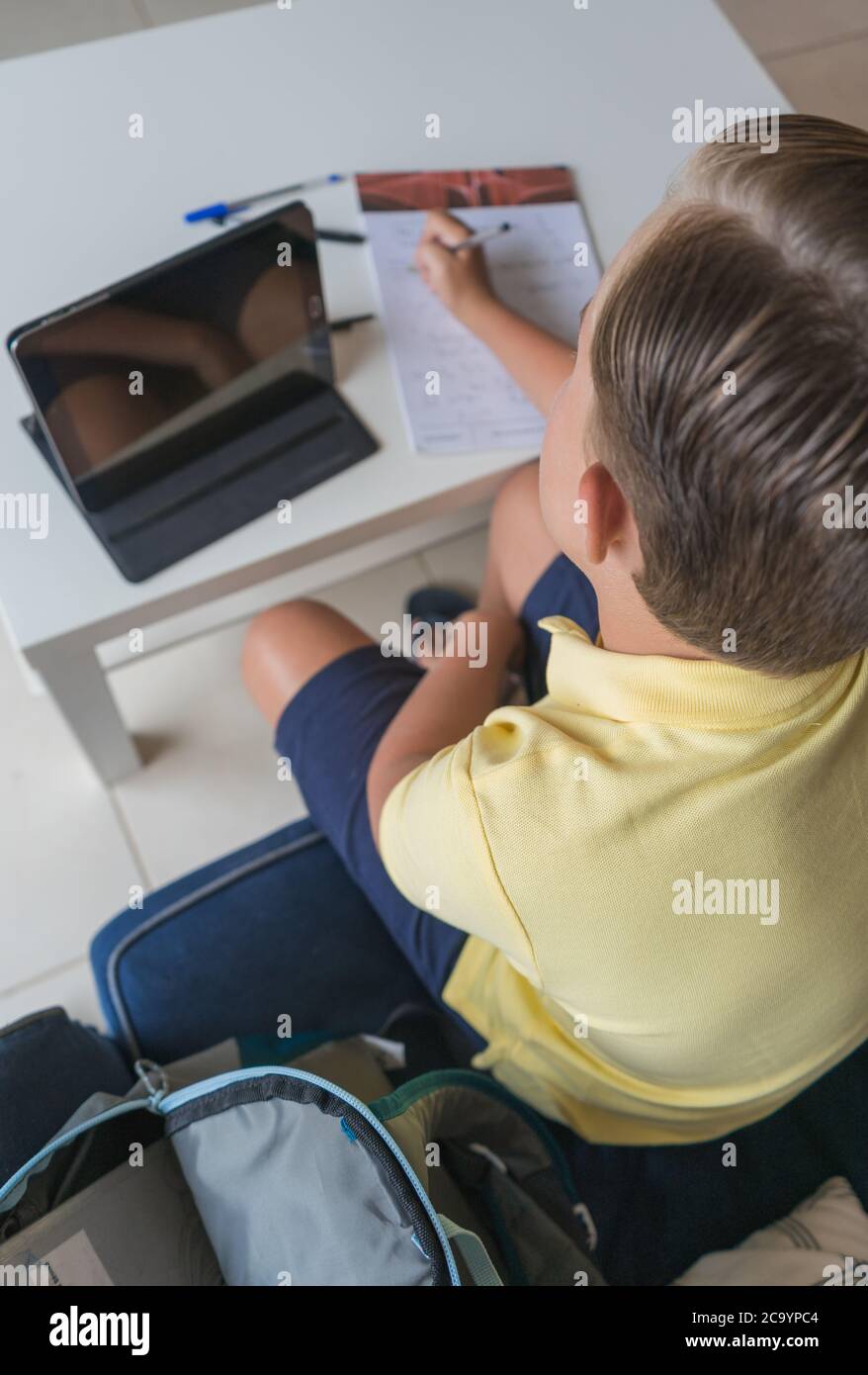 Little boy online with his classmates during video conference call ...
