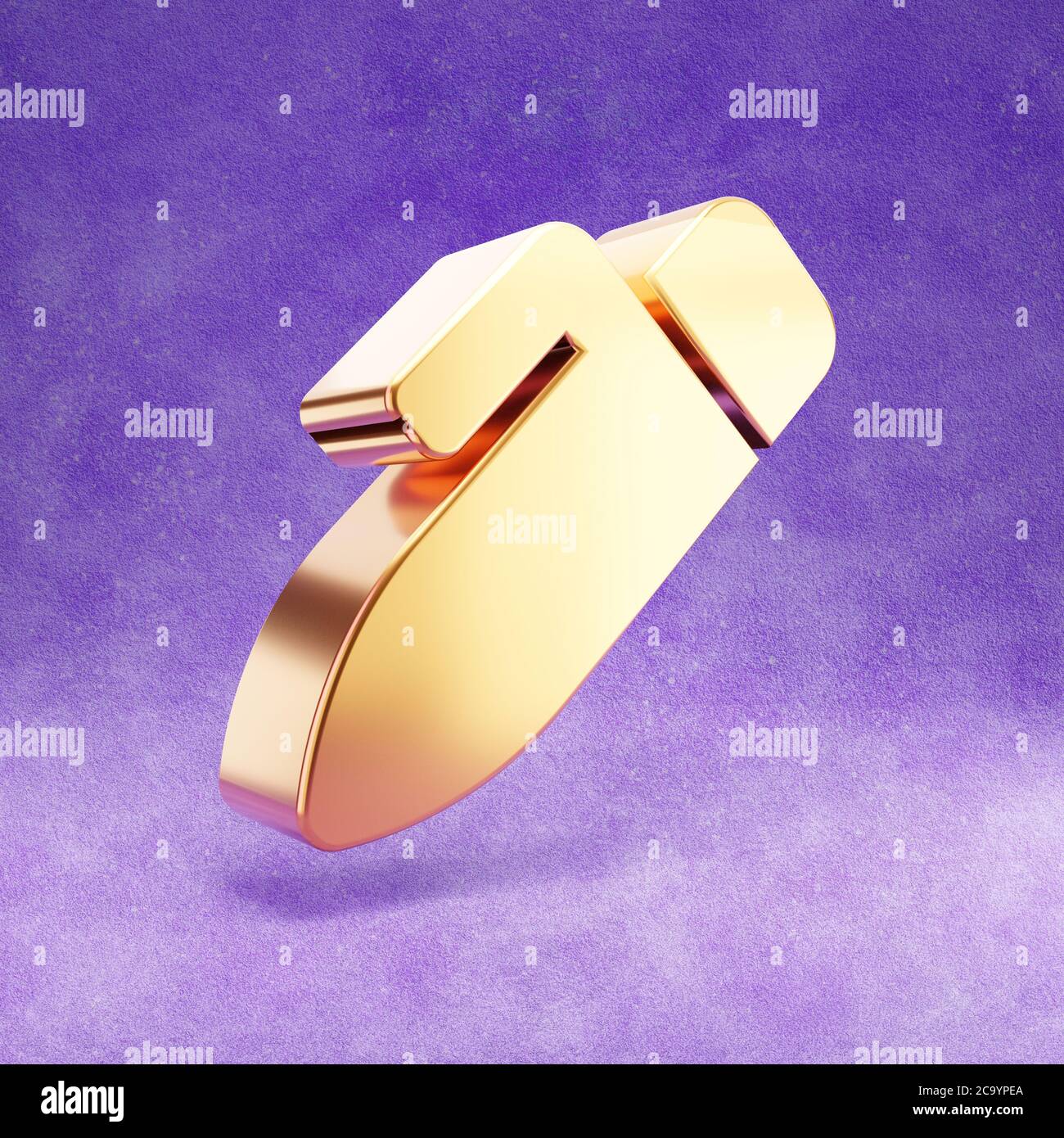 Pen icon. Gold glossy Pen symbol isolated on violet velvet background ...