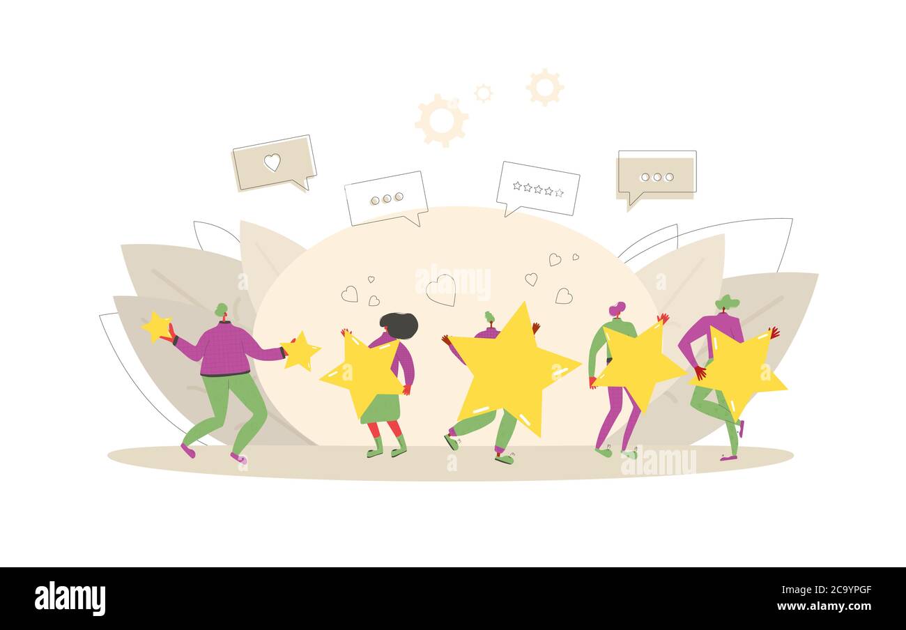 Customer review rating. Feedback concept. Happy clients standing and ...