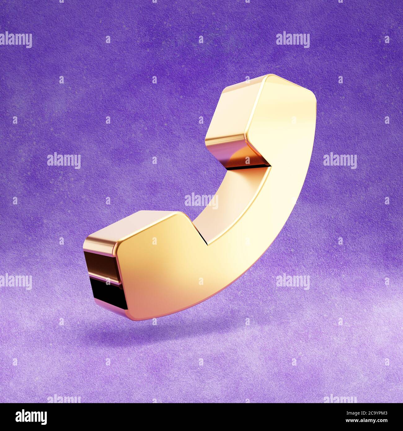 Phone icon. Gold glossy Phone symbol isolated on violet velvet ...