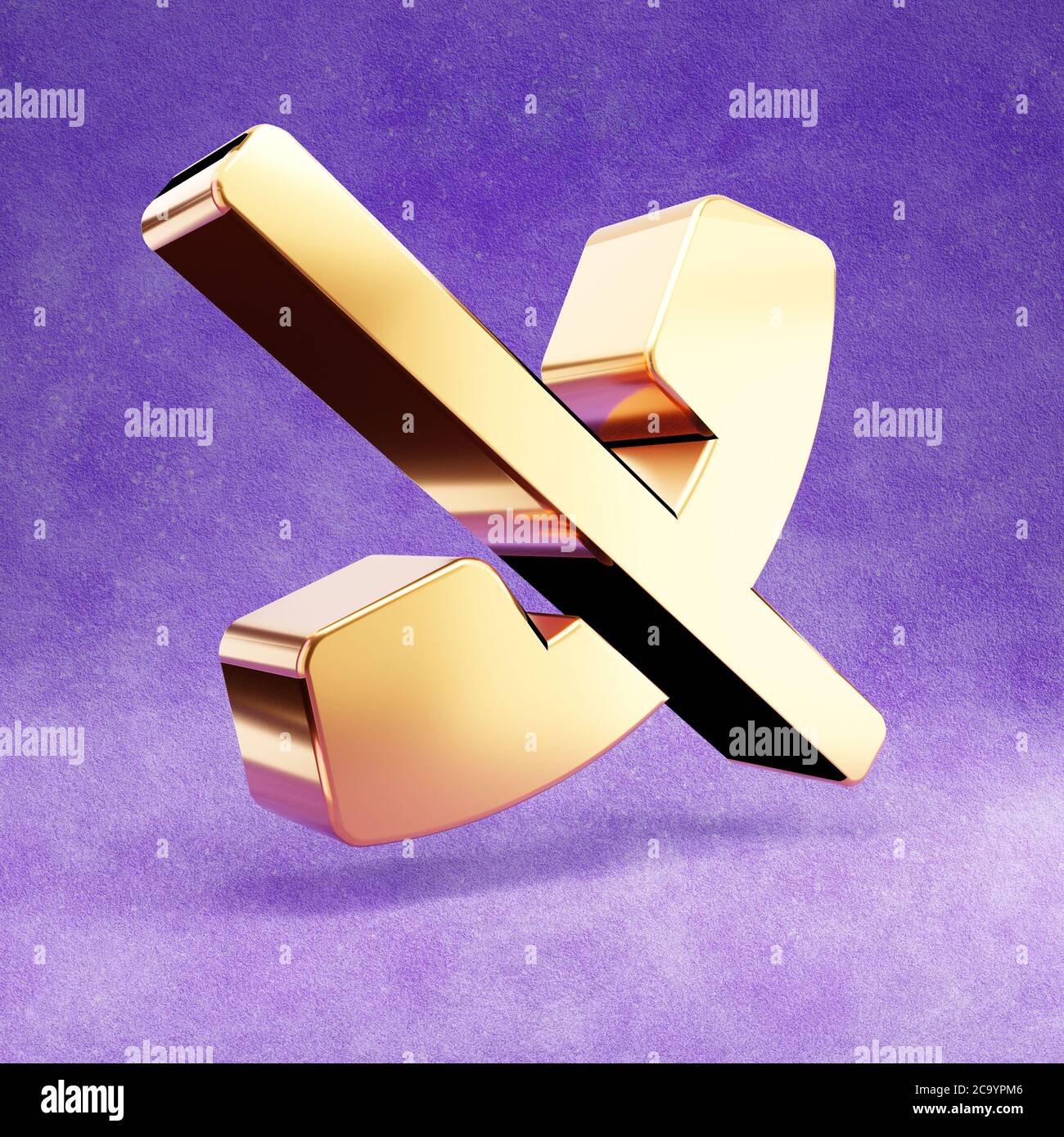 Phone slash icon. Gold glossy Phone slash symbol isolated on violet ...