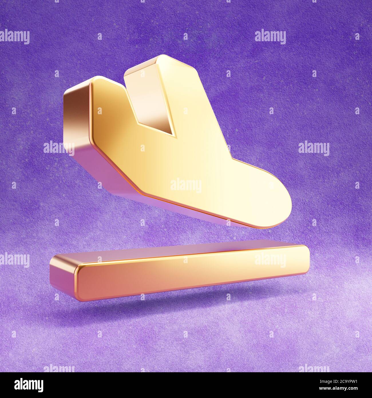 Plane arrival icon. Gold glossy Plane arrival symbol isolated on violet ...