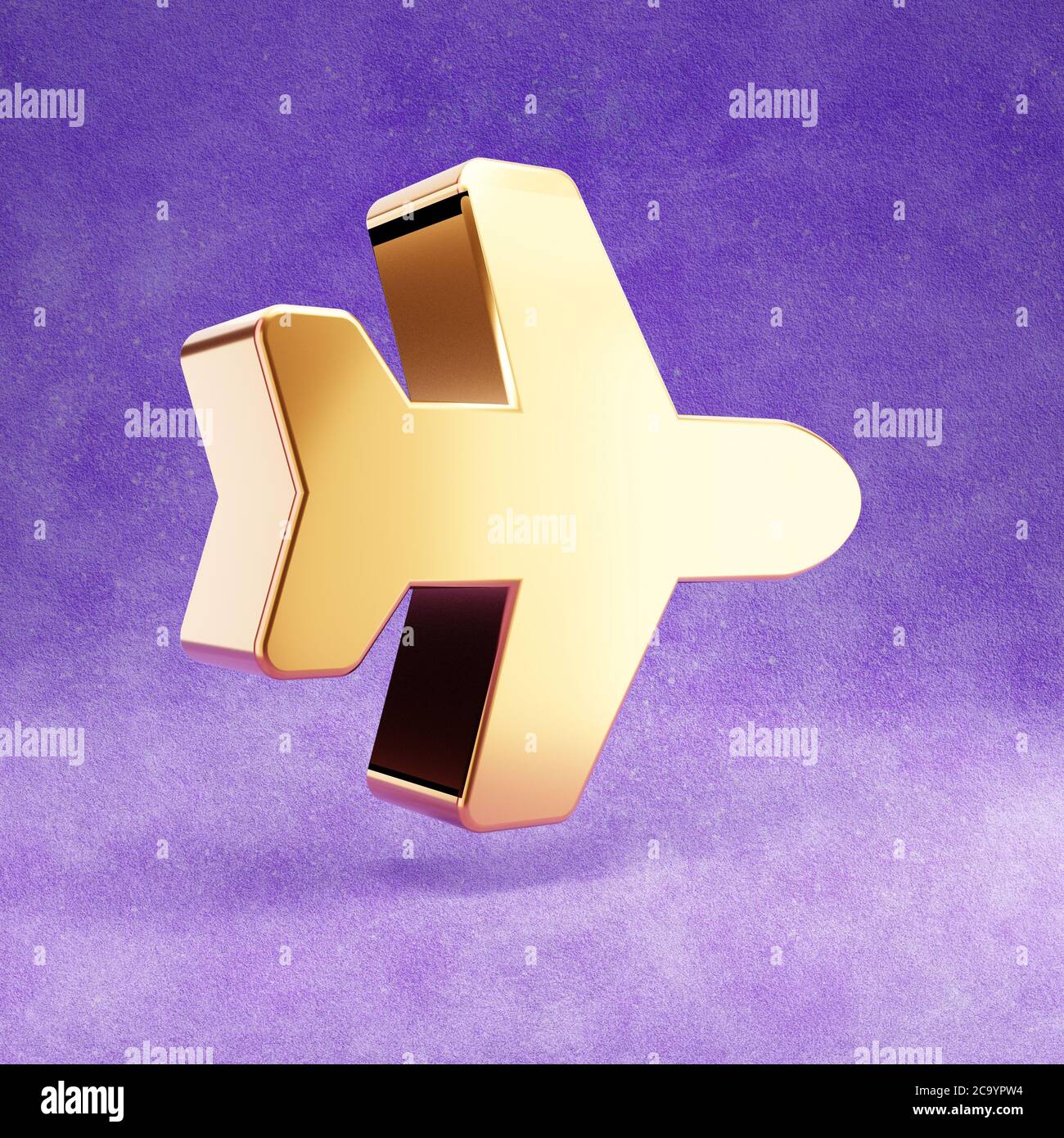 Plane icon. Gold glossy Plane symbol isolated on violet velvet ...
