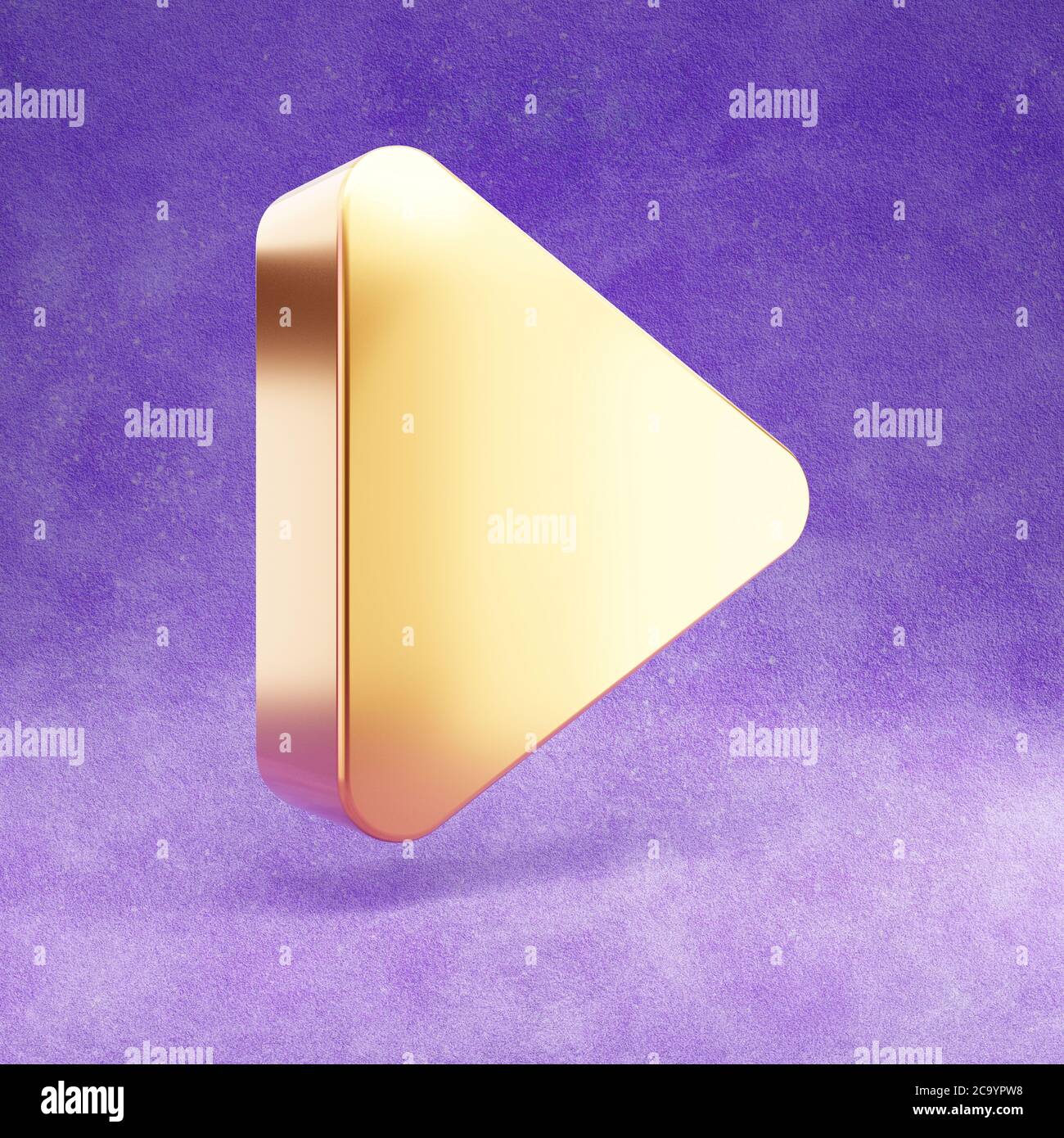 Play icon. Gold glossy Play symbol isolated on violet velvet background ...