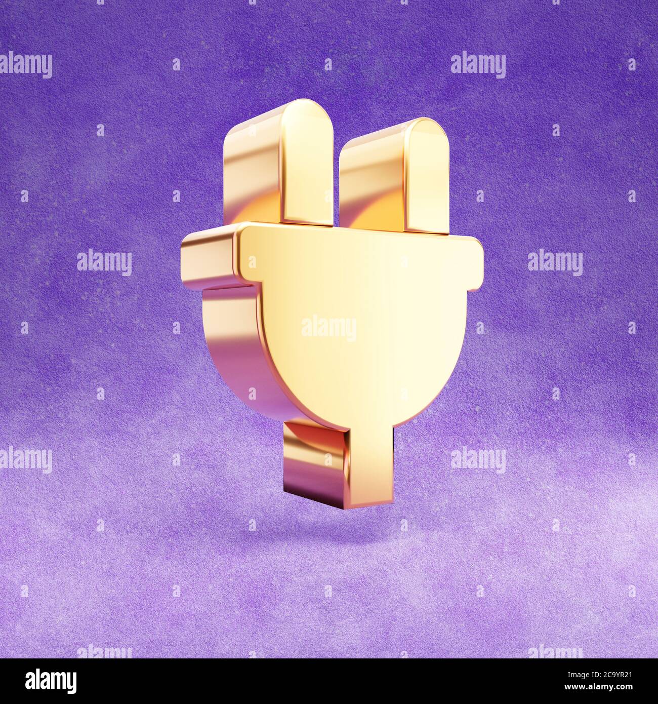 Plug icon. Gold glossy Plug symbol isolated on violet velvet background ...