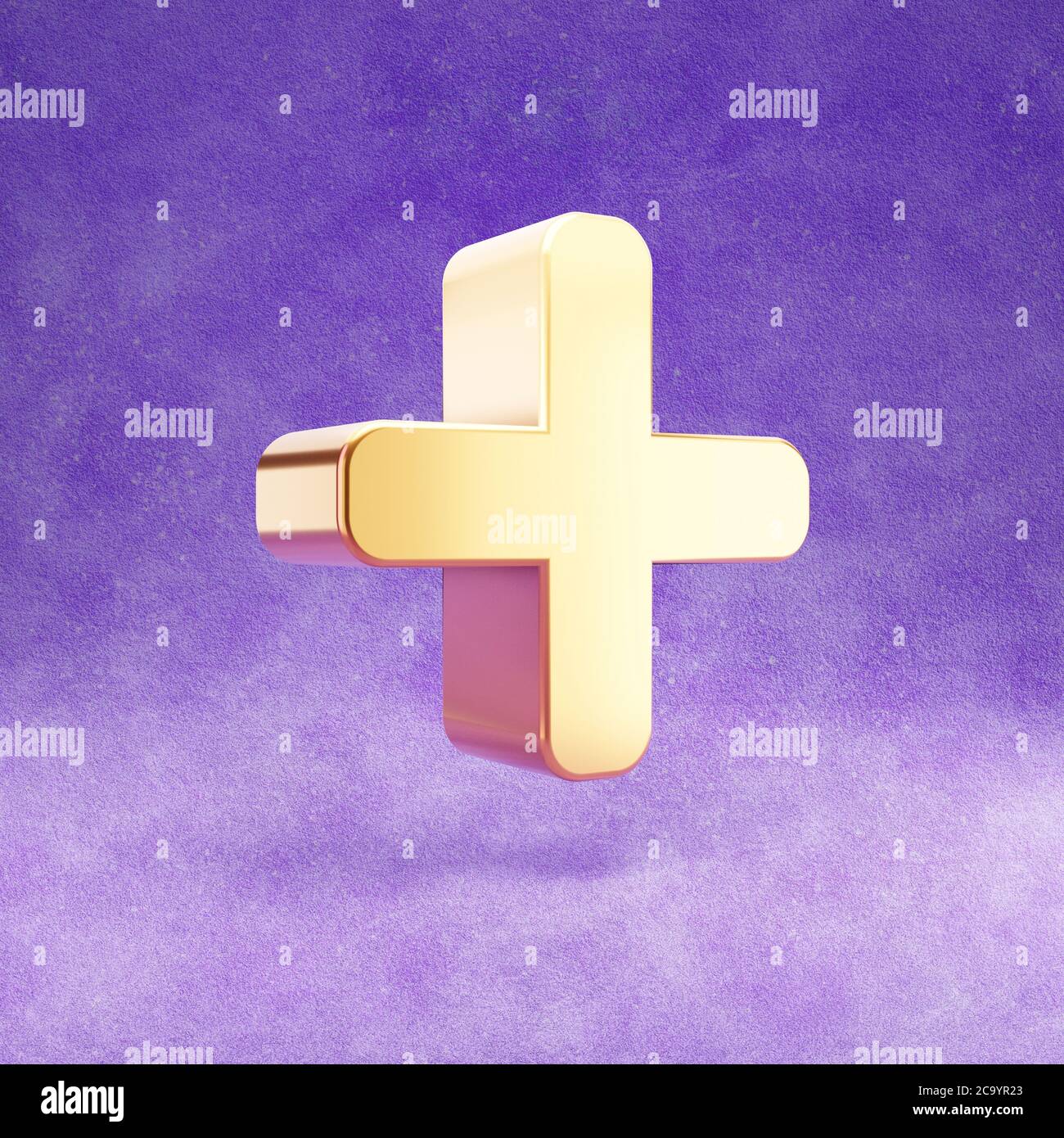 Plus icon. Gold glossy Plus symbol isolated on violet velvet background ...