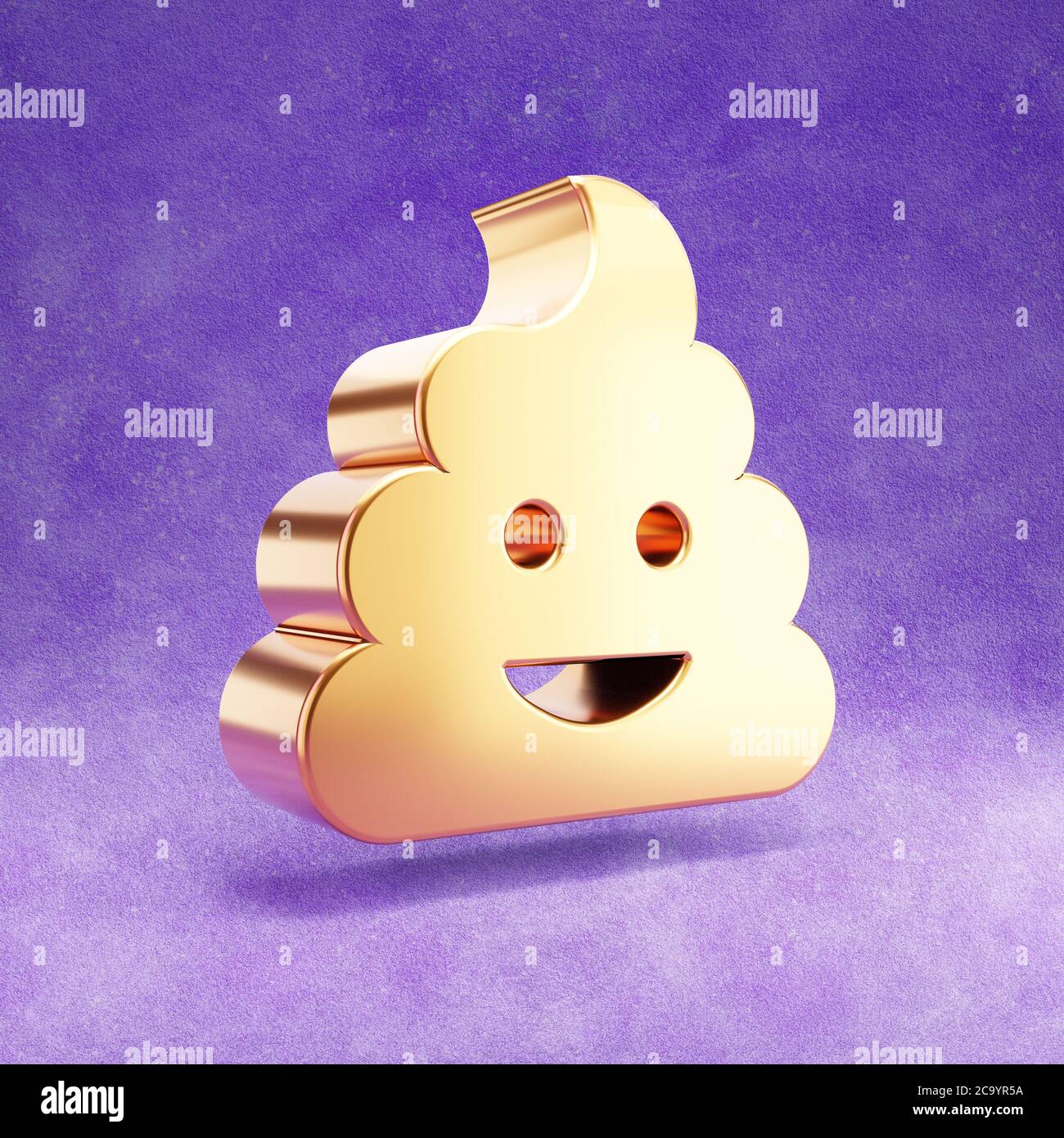 Poop icon. Gold glossy Poop symbol isolated on violet velvet background ...