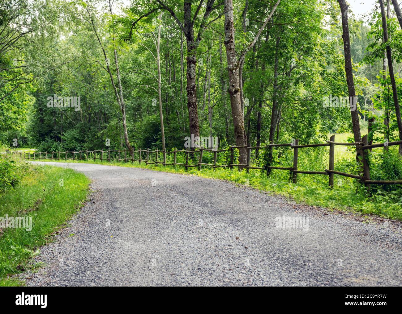 landscape with a simple country road and a wooden fence along the edge ...