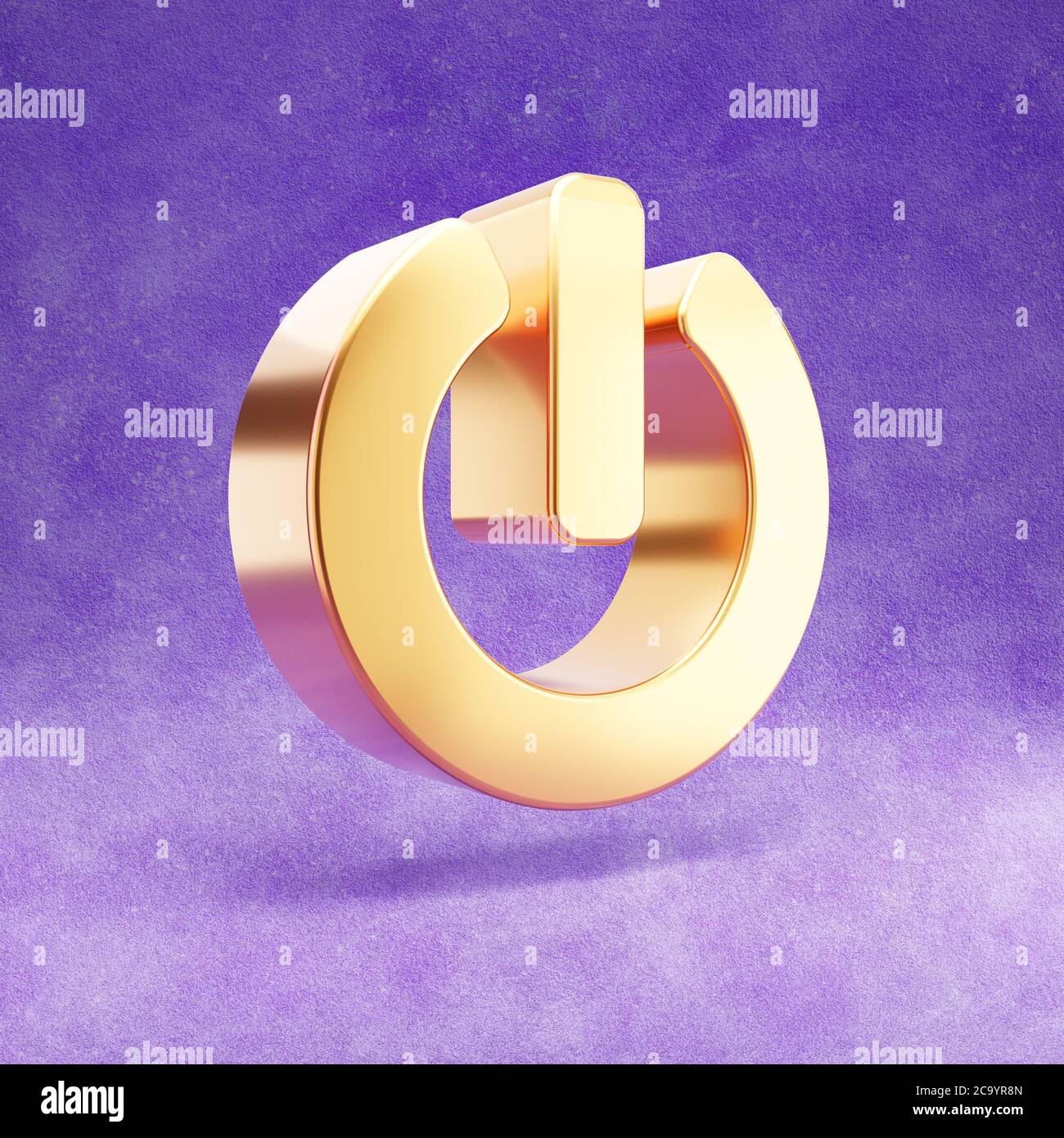 Power icon. Gold glossy Power symbol isolated on violet velvet ...