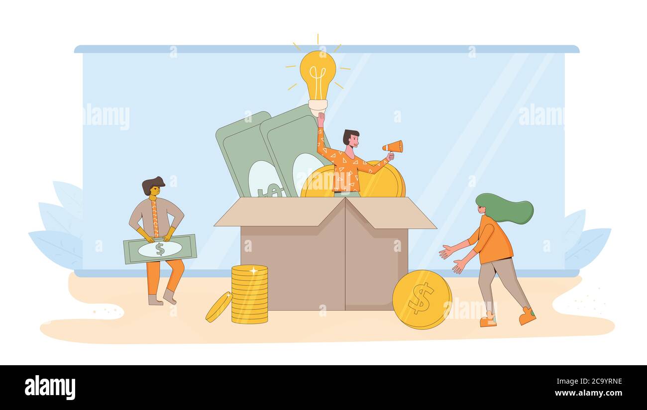 Crowdfunding concept. Young people raising money together. characters ...