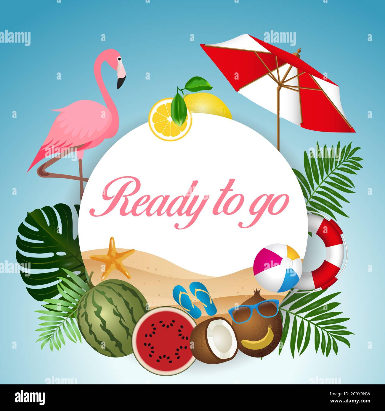 Ready To Go and circle banner with tropical symbols Stock Photo - Alamy