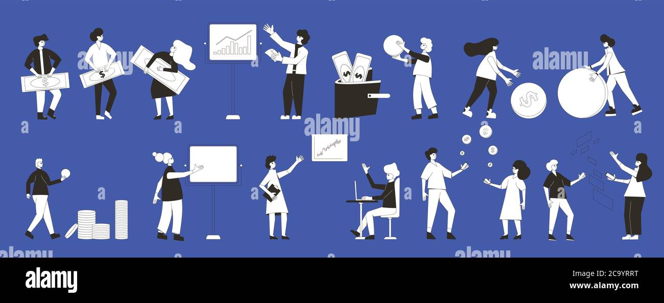 Financial scenes set. Collection of people with money, business ...
