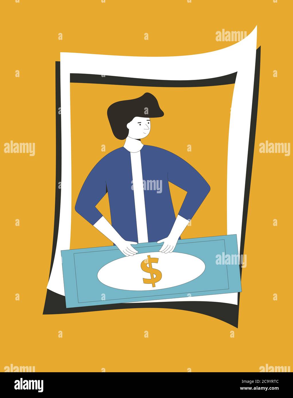 Man portrait with money. Line art flat vector character with huge paper ...