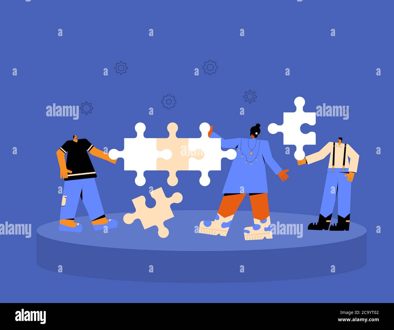 Teamwork concept. Business team coworking Tiny people with huge puzzles ...