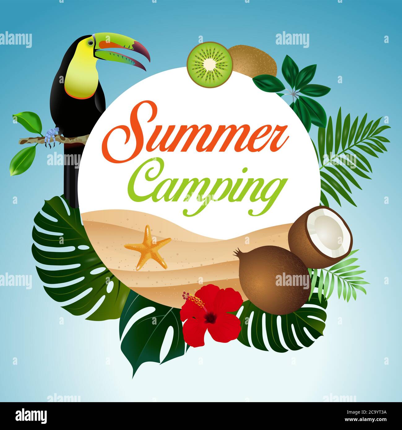 Summer Camping and circle banner with symbols Stock Photo - Alamy