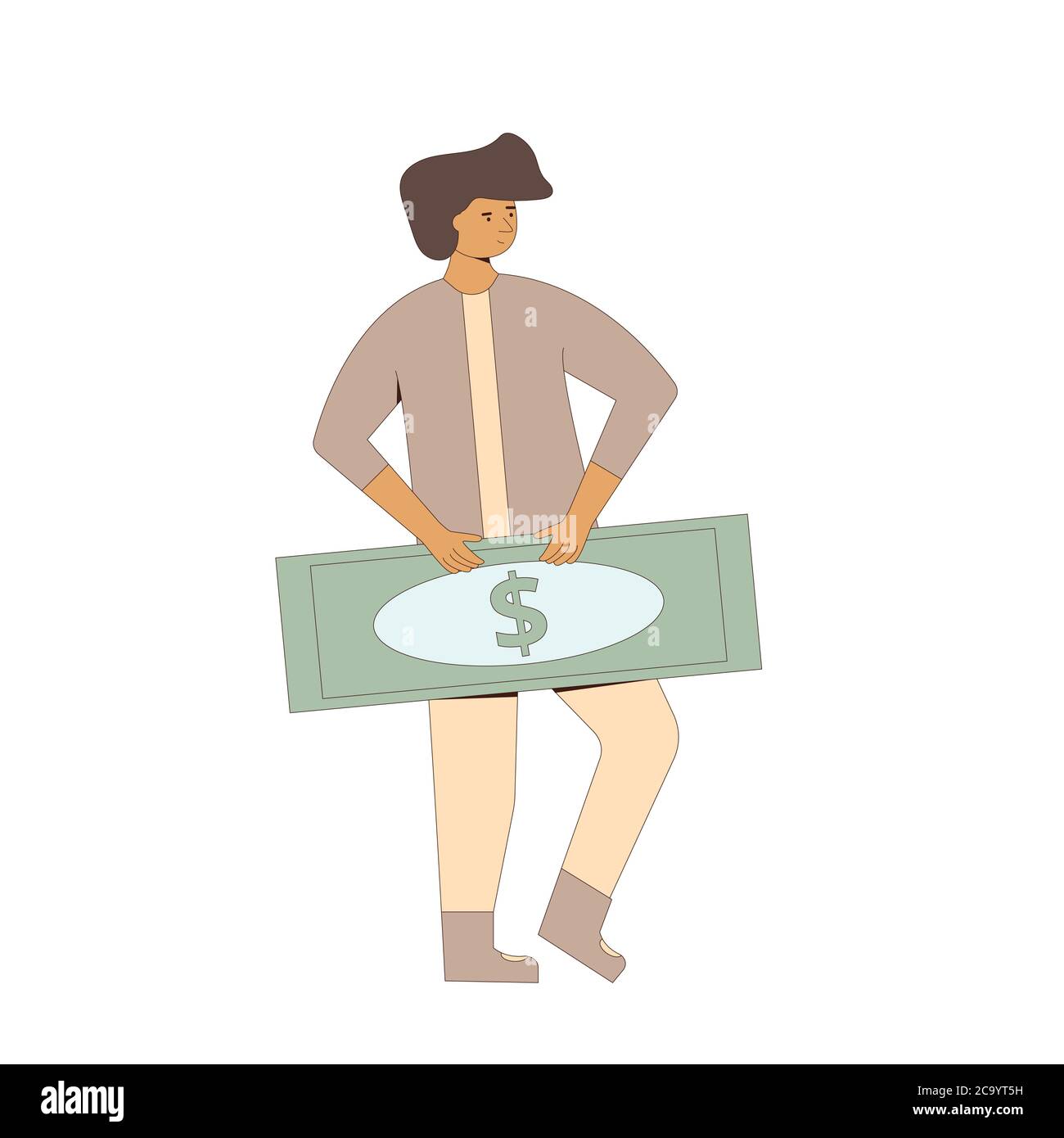 Man standing with money. Line art flat vector character with huge paper ...