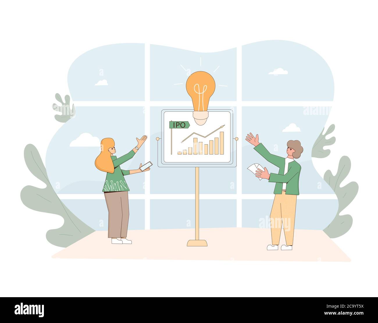 IPO concept. Initial public offering. Stock market. People with board ...
