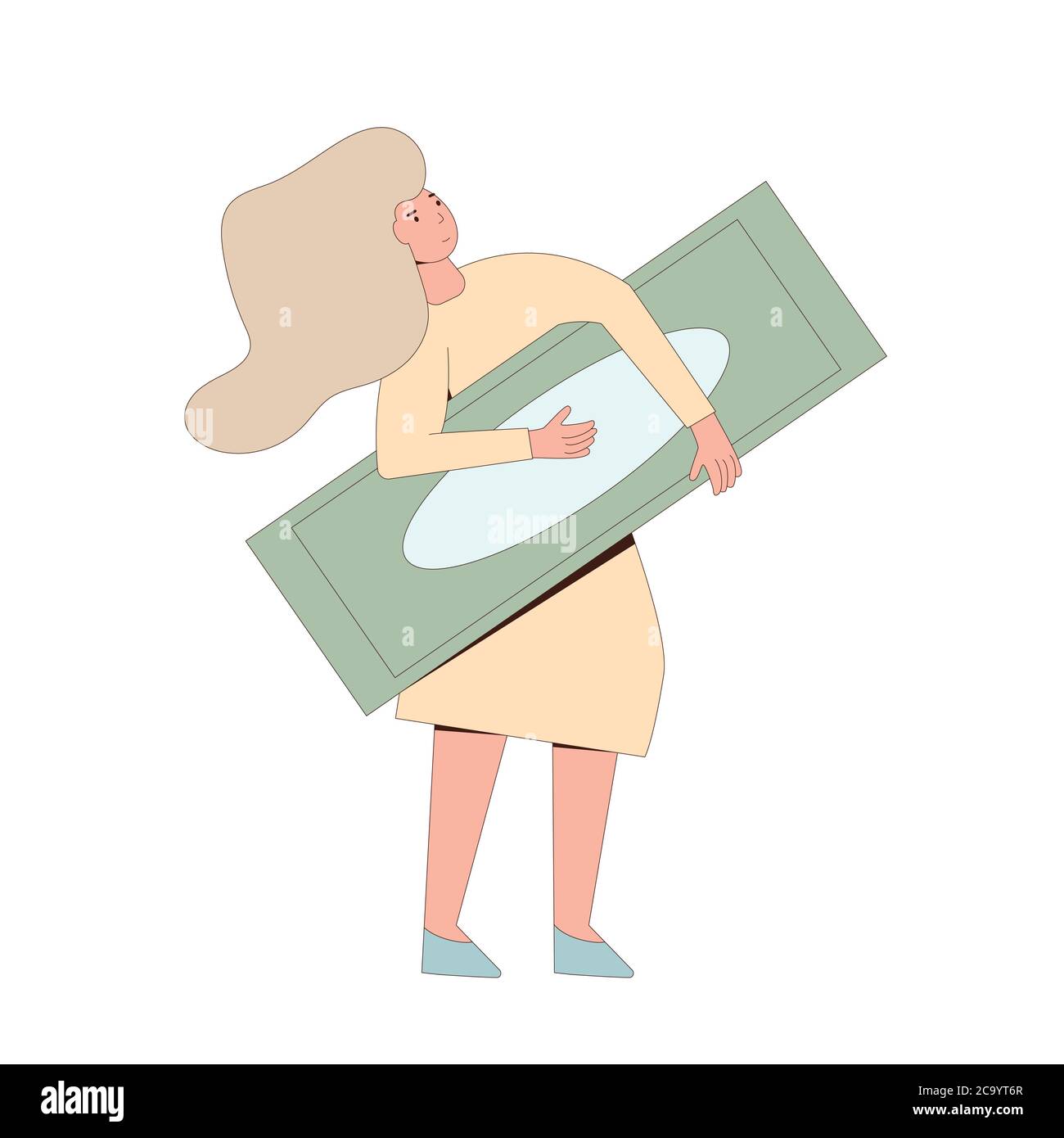 Woman standing with money. Line art flat vector character with huge ...