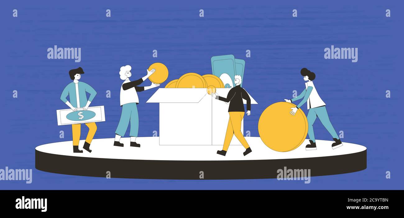 Donation concept. Young people raising money together. Characters with ...