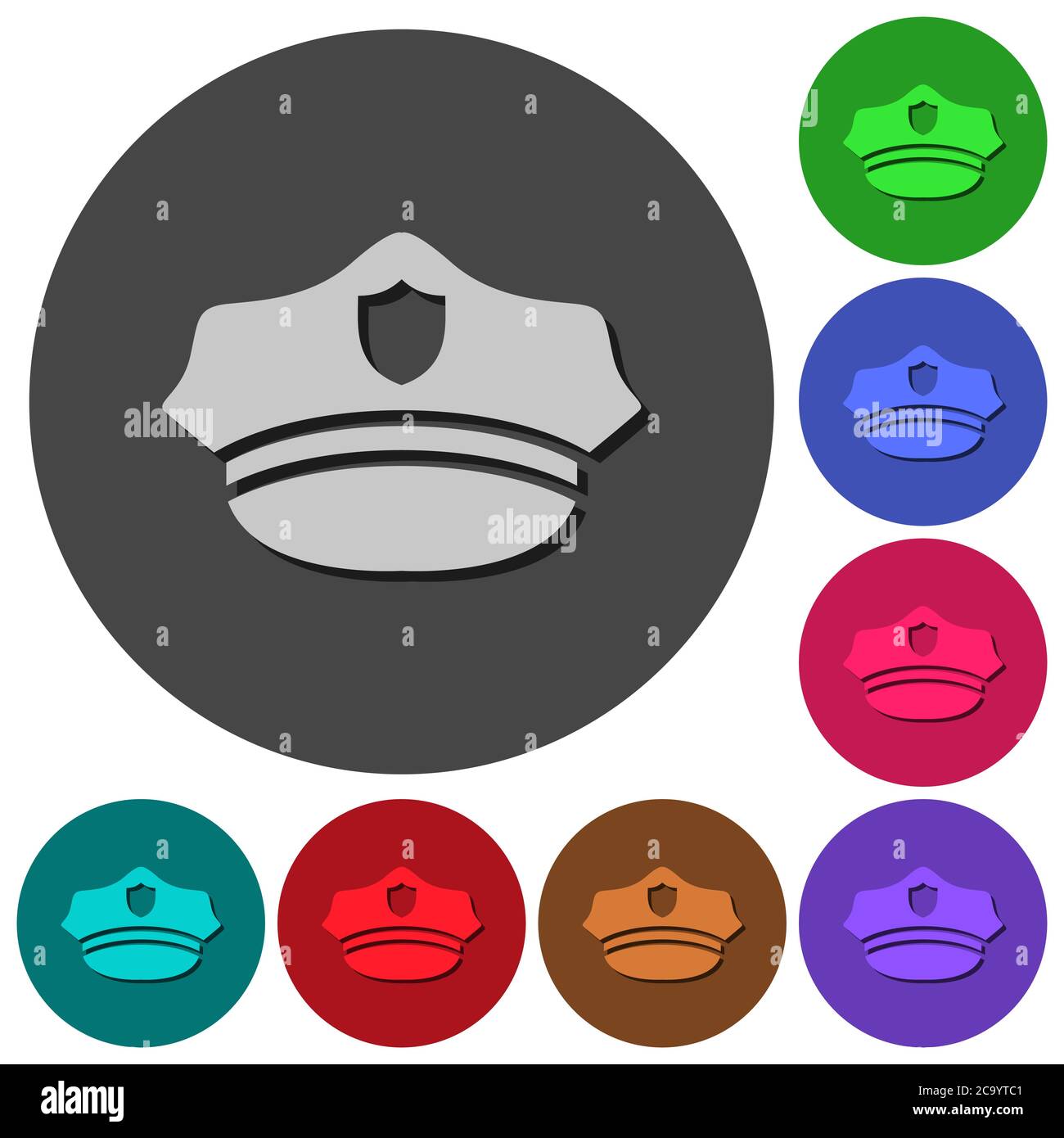 Police hat icons with shadows on color round backgrounds for material ...