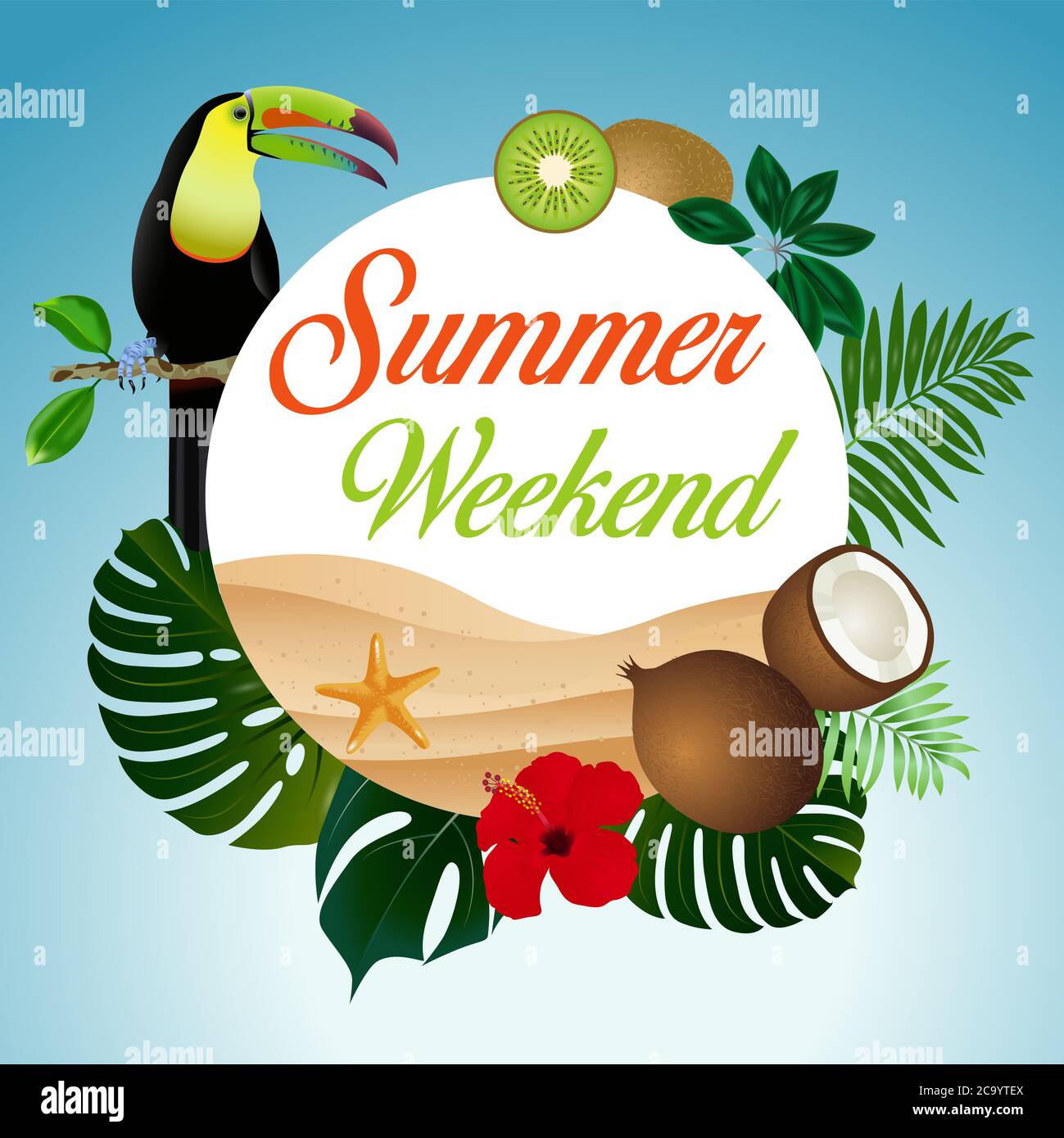 Summer Weekend and circle banner with symbols Stock Photo - Alamy