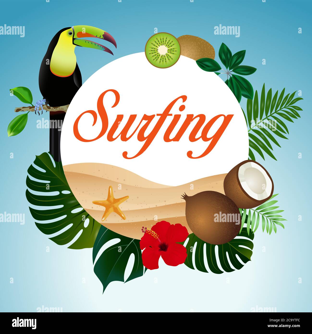 Surfing circle banner with tropical symbols Stock Photo - Alamy