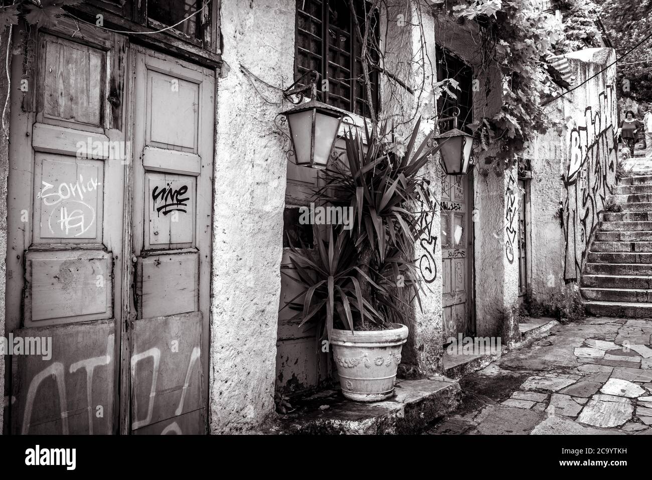Athens - May 6, 2018: Old street with graffiti in Plaka district ...