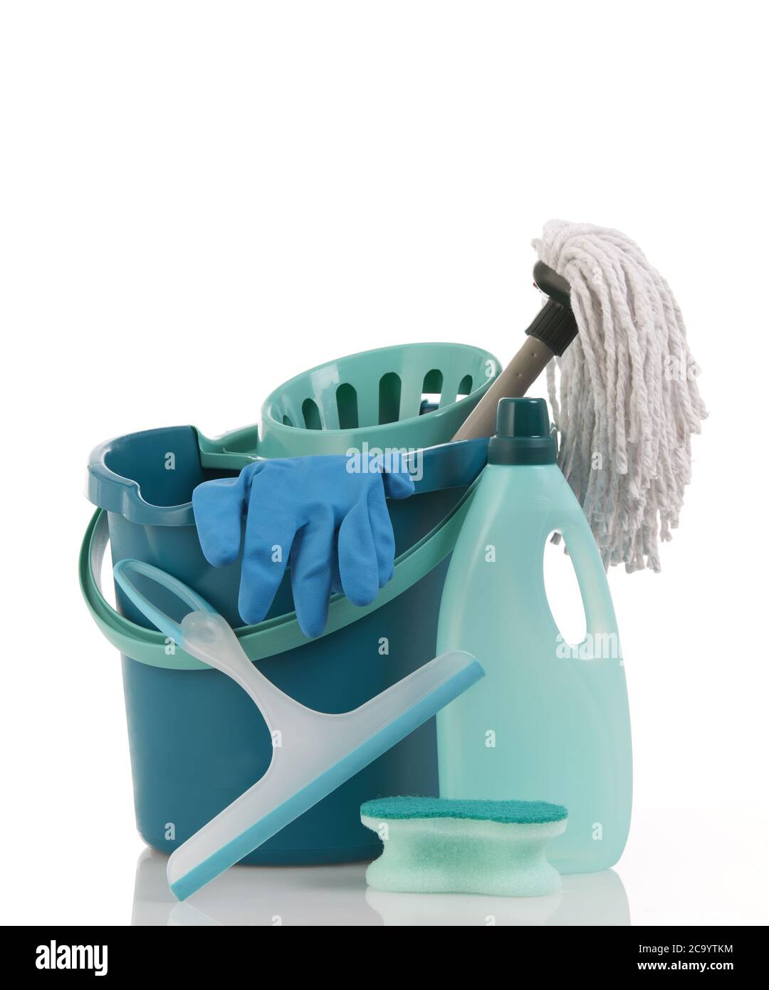 Bucket with cleaning products isolated on white Stock Photo - Alamy