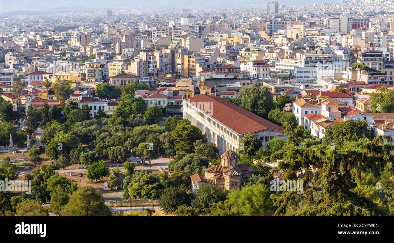 Landscape of Athens, Greece. Aerial panoramic view of Ancient Agora and ...