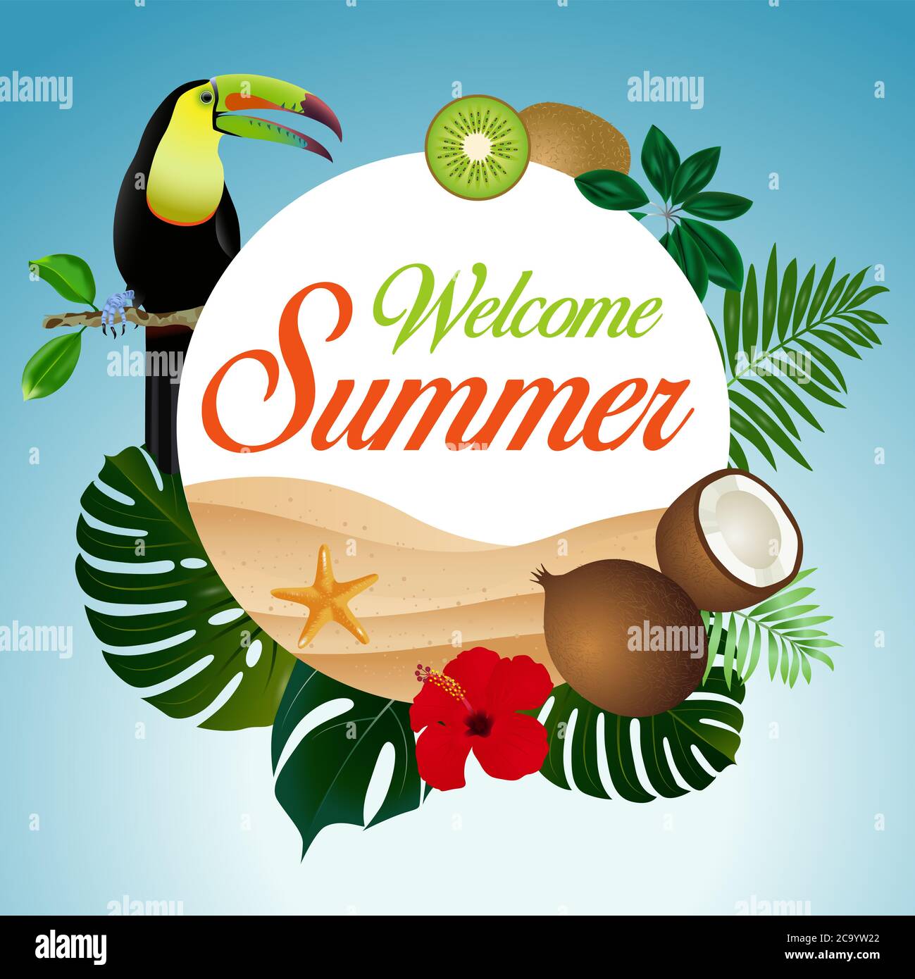 Welcome Summer circle banner with symbols Stock Photo - Alamy