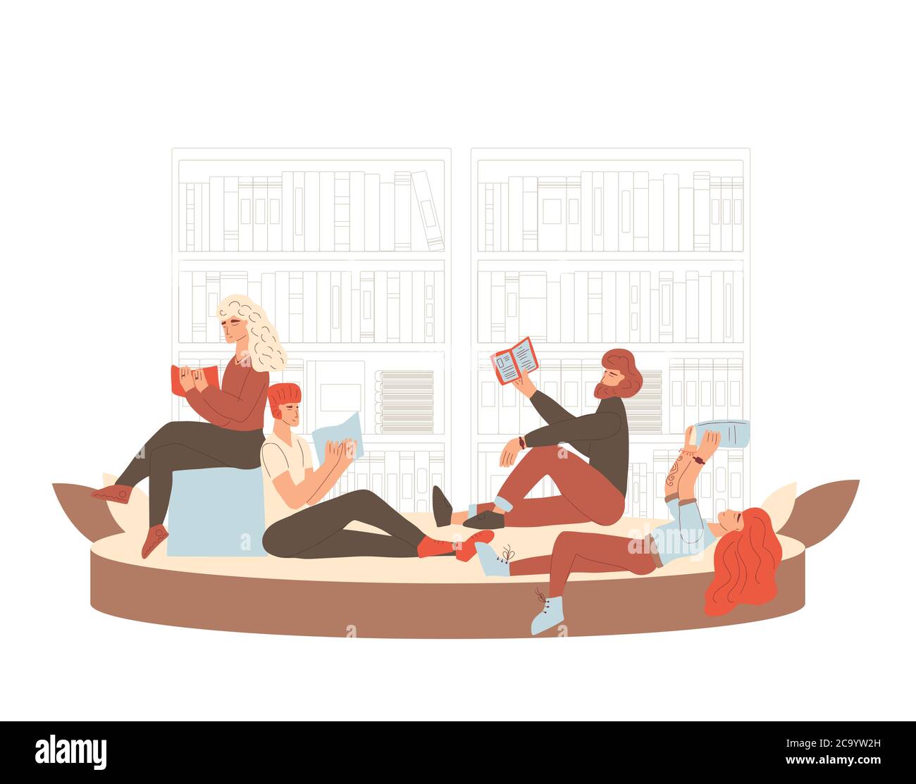 Library concept. Students reading a book. Vector hand drawn ...