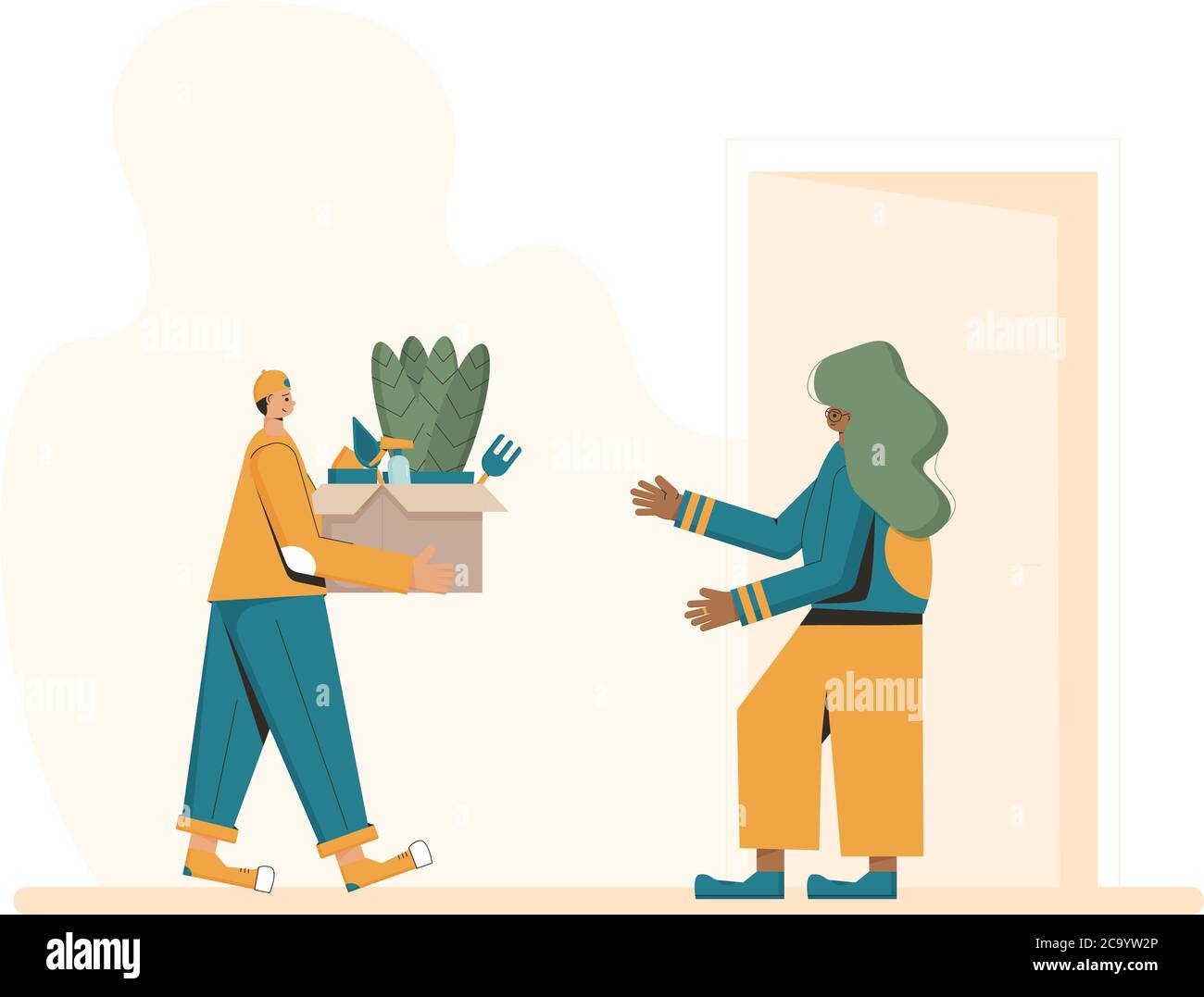 Plant delivery. Courier with box with potted flowers and garden tools ...