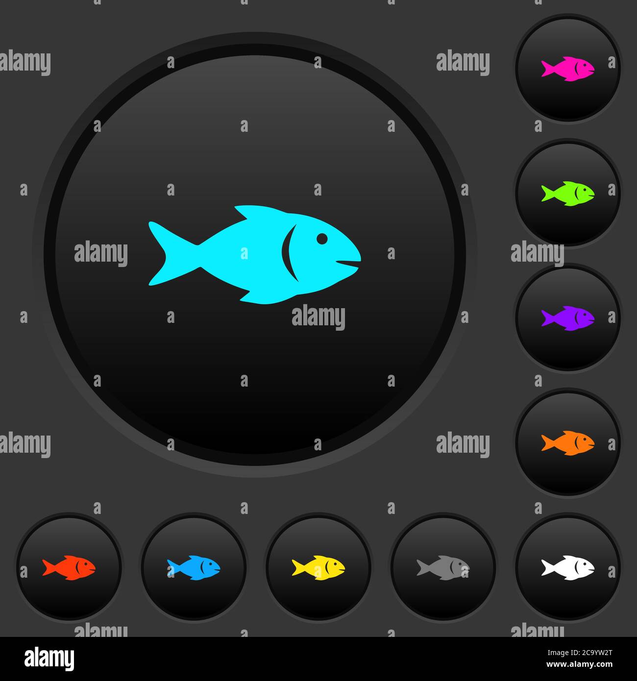 Fish dark push buttons with vivid color icons on dark grey background ...
