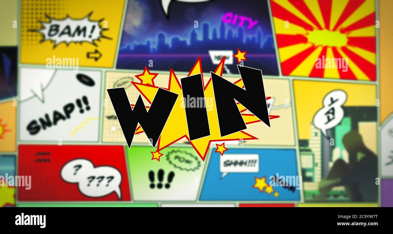 Win speech bubble text in the foreground of colorful comic strip Stock ...