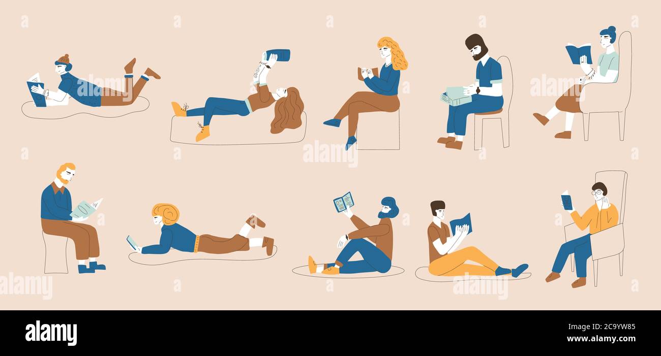 Characters reading a book. Set of people Vector hand drawn illustration ...