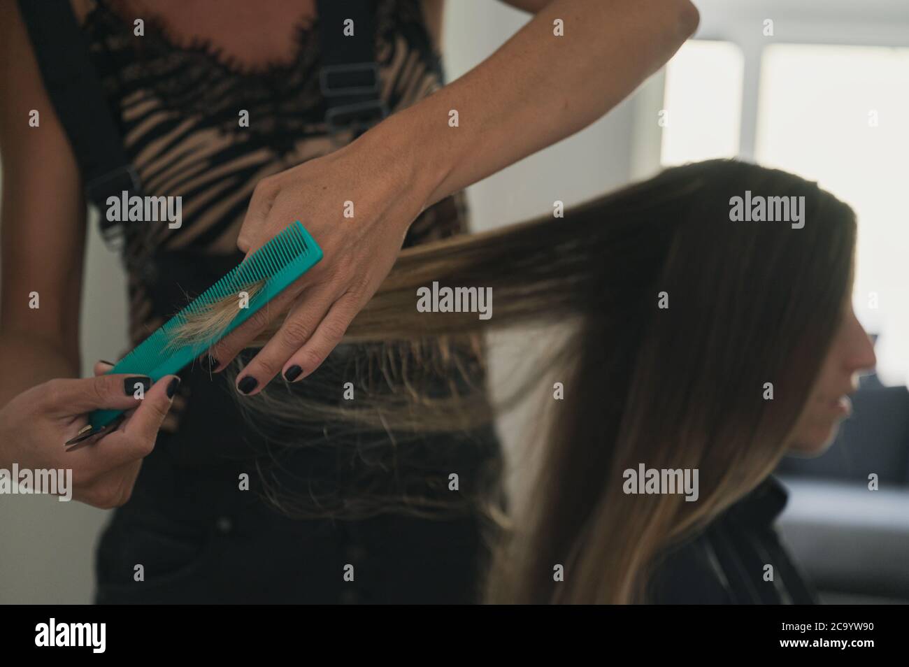 Hairdresser combing womans hair to make a perfect haircut Stock Photo ...