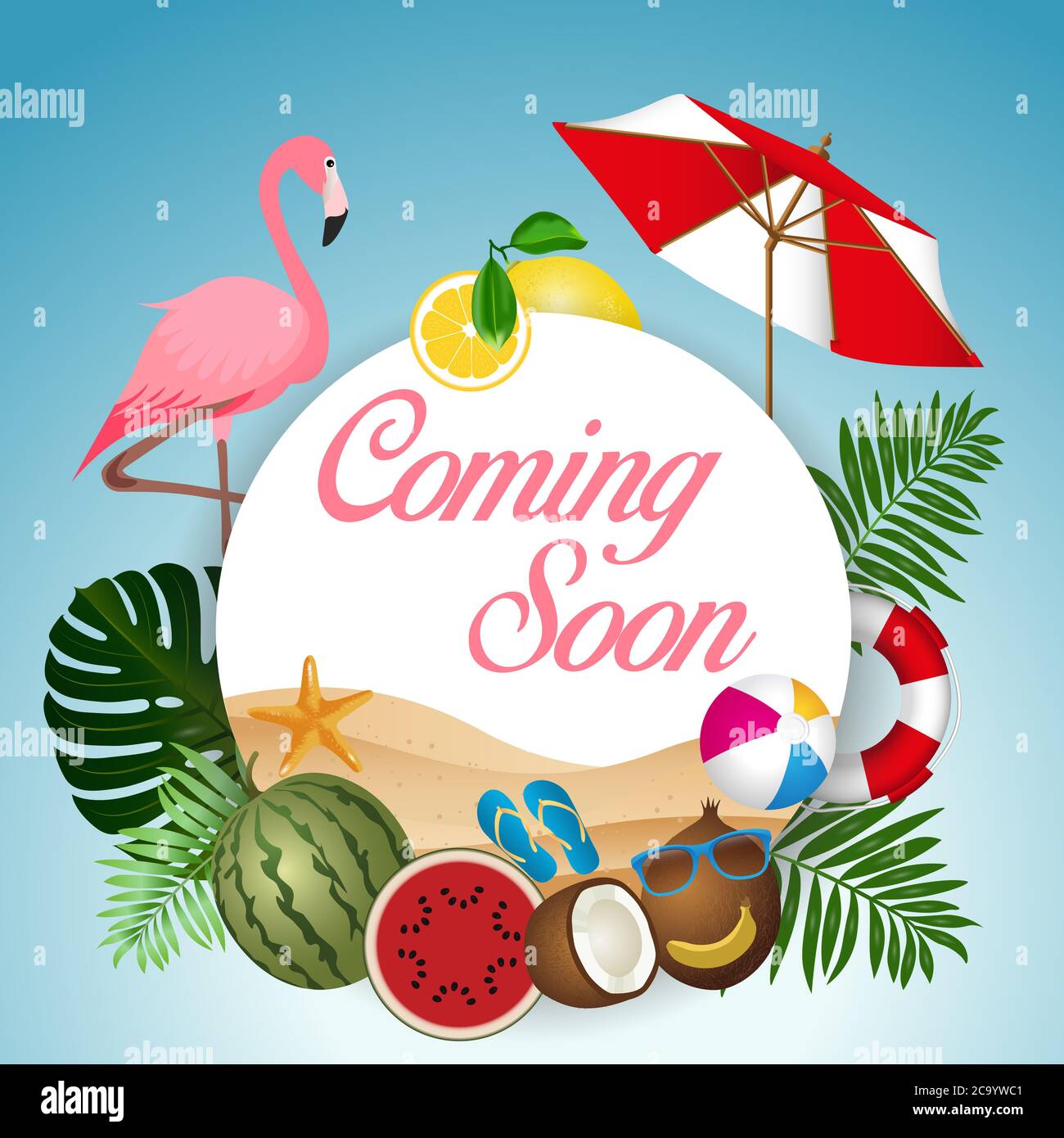 Coming Soon and circle banner with tropical symbols Stock Photo - Alamy