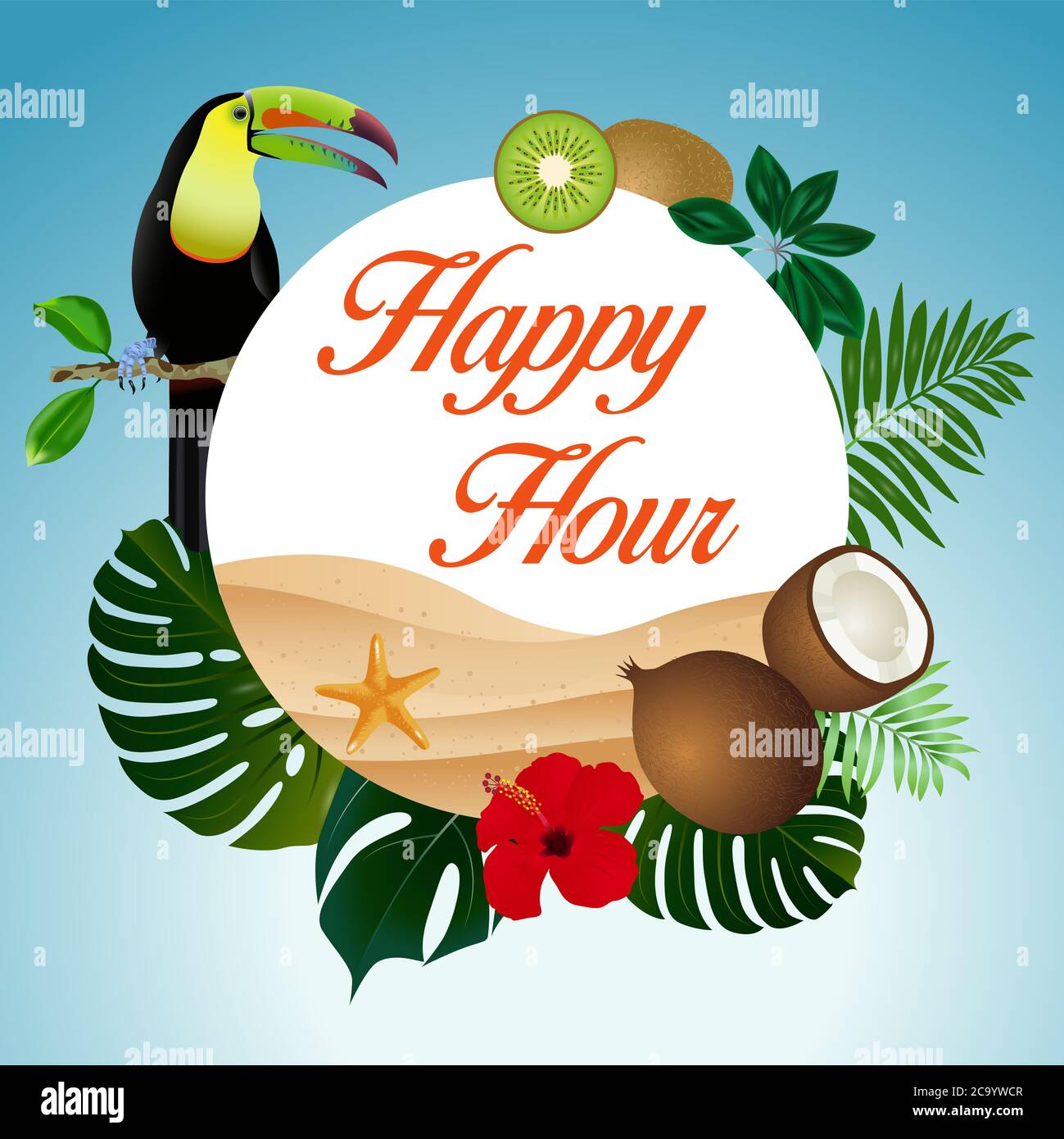 Happy Hour circle banner with tropical symbols Stock Photo - Alamy