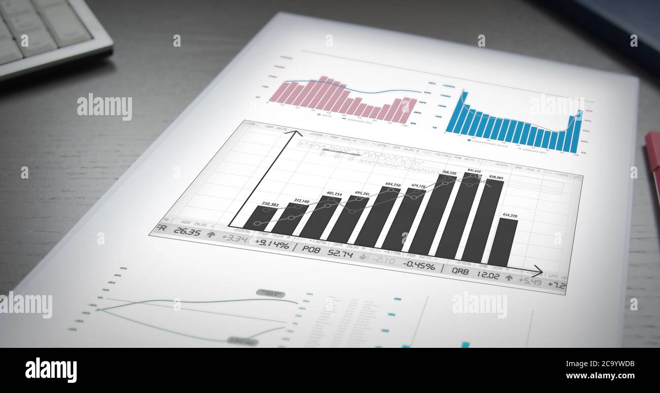 Financial data on paper lying on an office table. Graphs, Diagram ...
