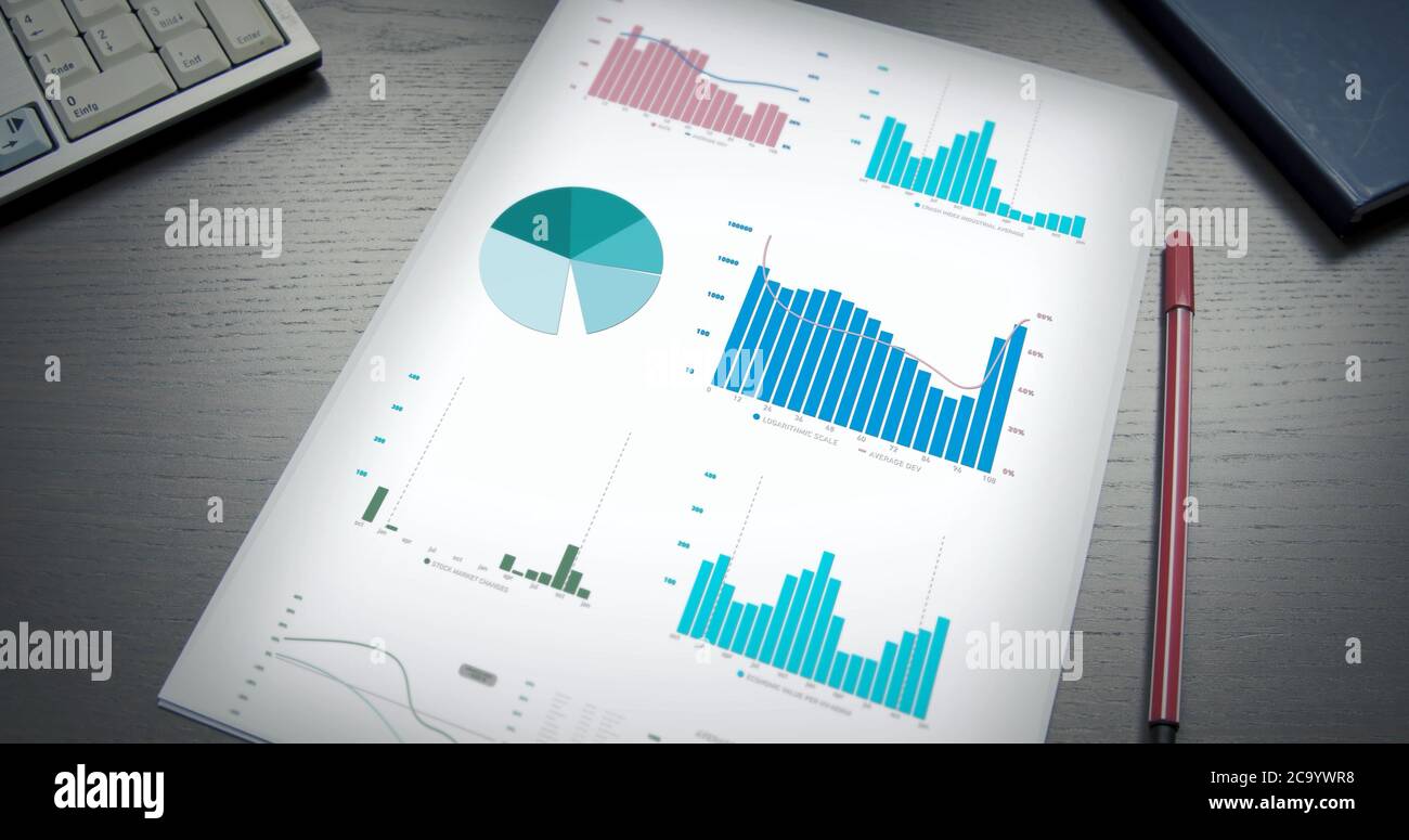 Colorful digital graph, diagram and information on paper at office ...