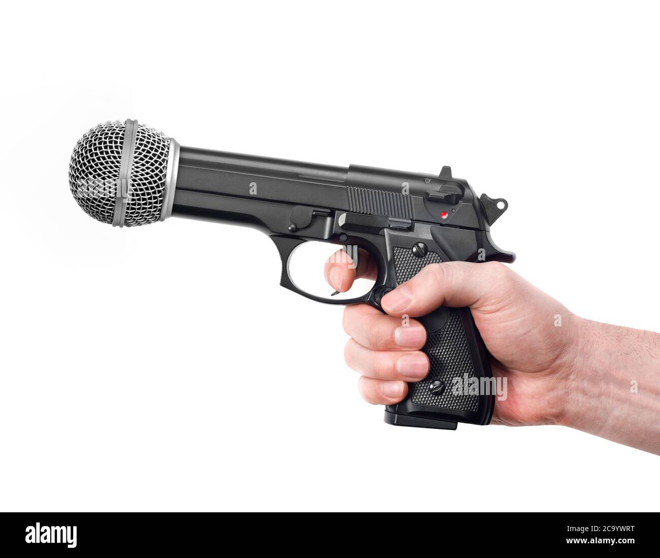Hand holding a microphone- gun isolated on white Stock Photo - Alamy