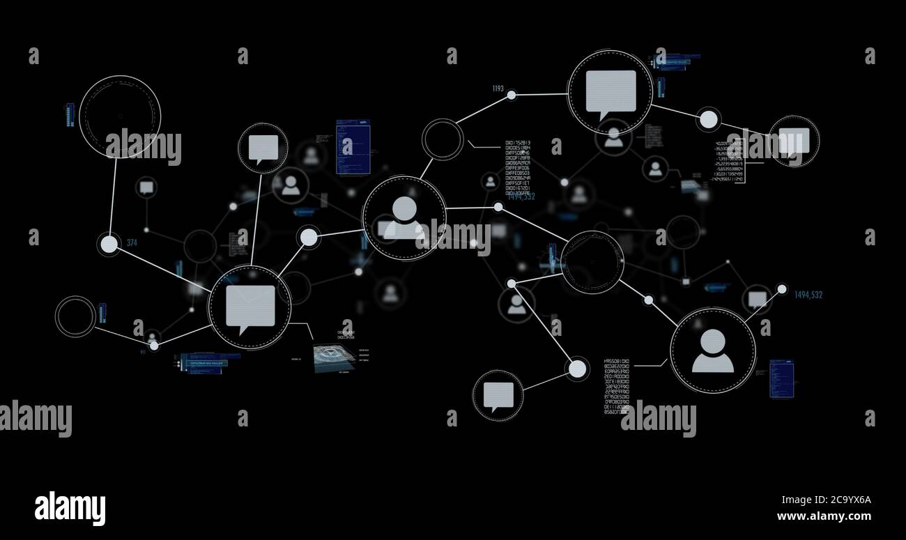 Network and data connections overlay on black Stock Photo - Alamy