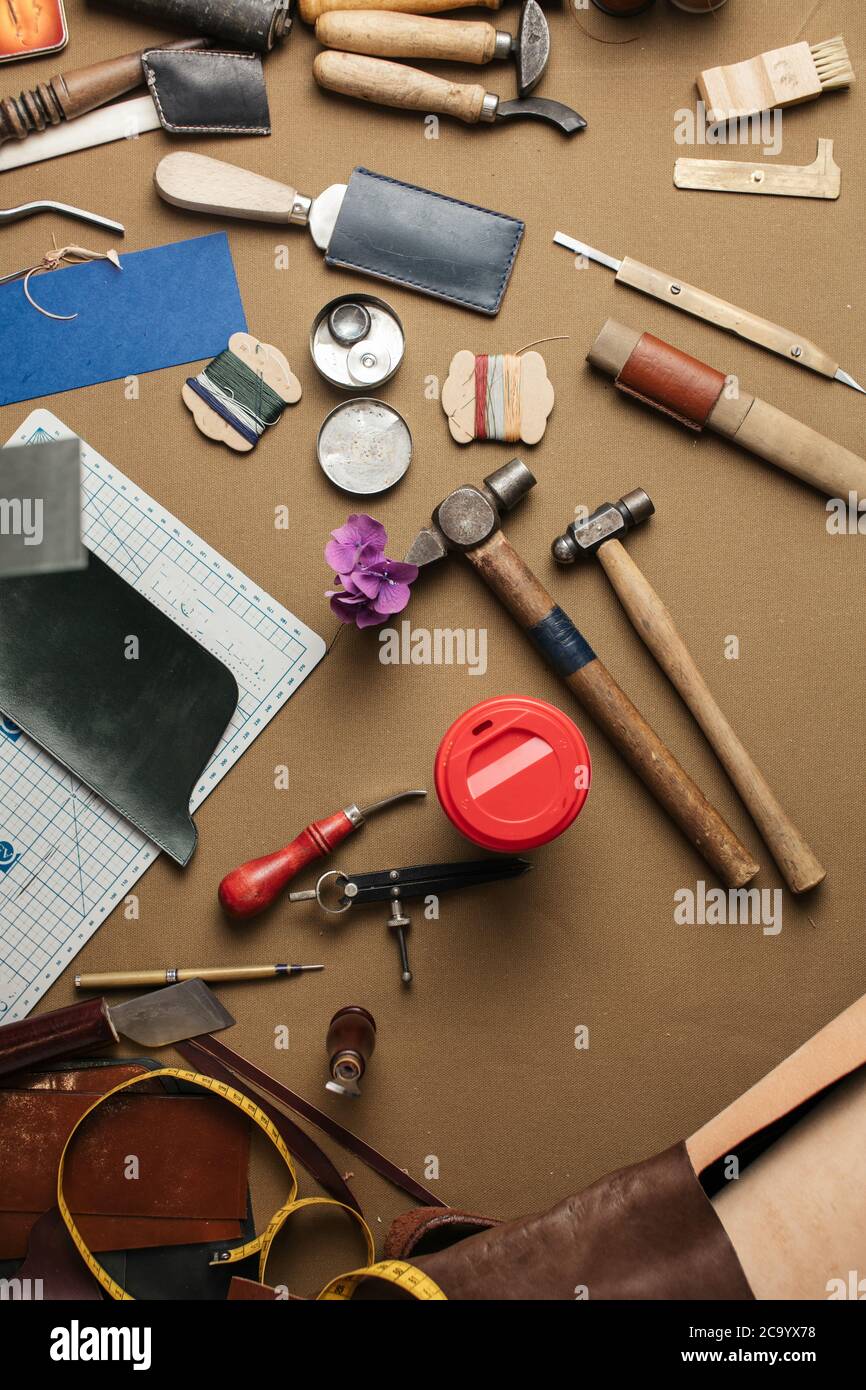 Set of crafting tools for leather goods and shoes manufacturing on ...