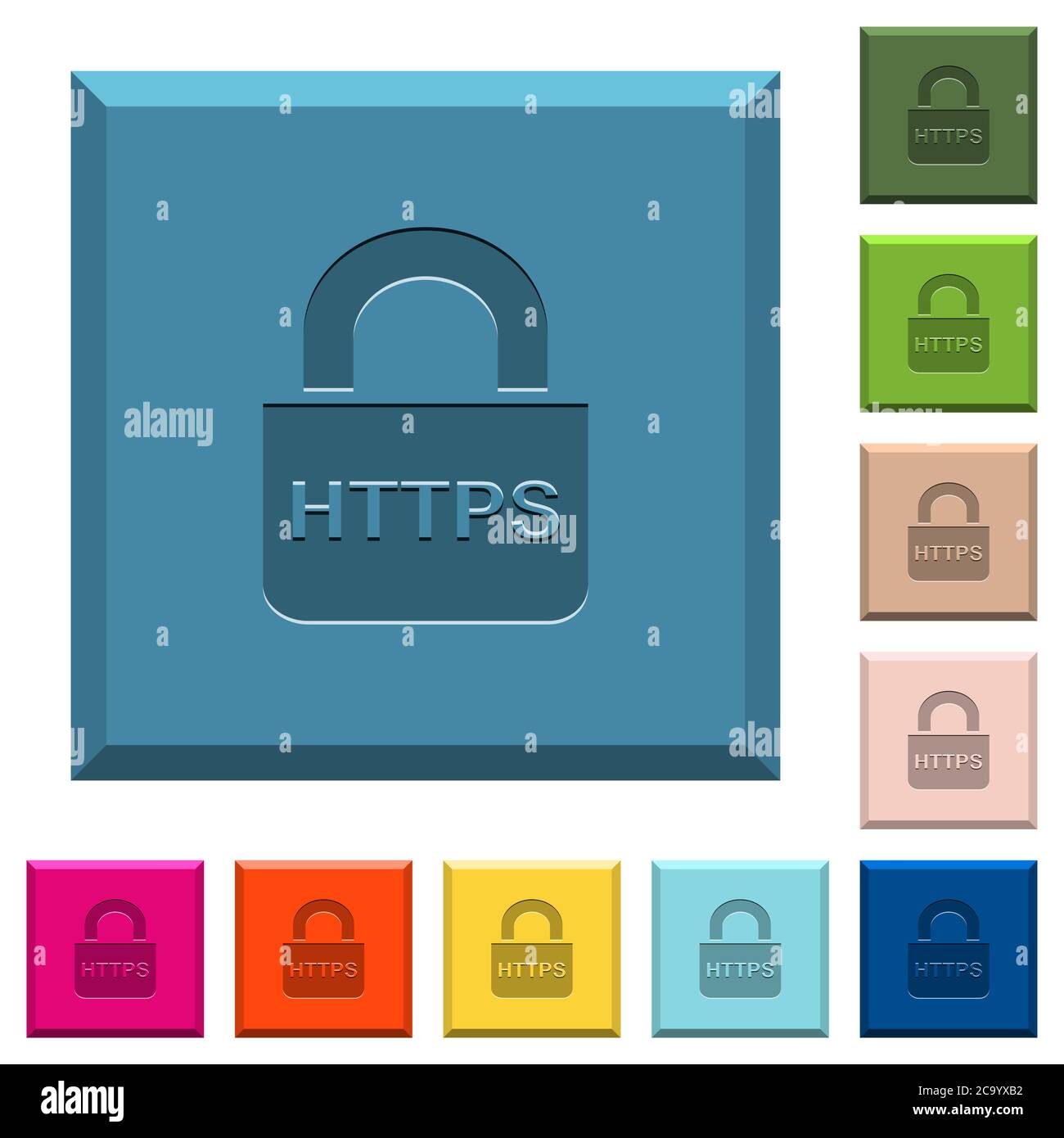 Secure http protocol engraved icons on edged square buttons in various ...