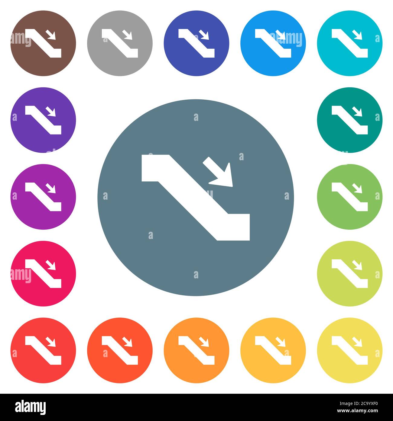 Escalator down sign flat white icons on round color backgrounds. 17 background color variations ...
