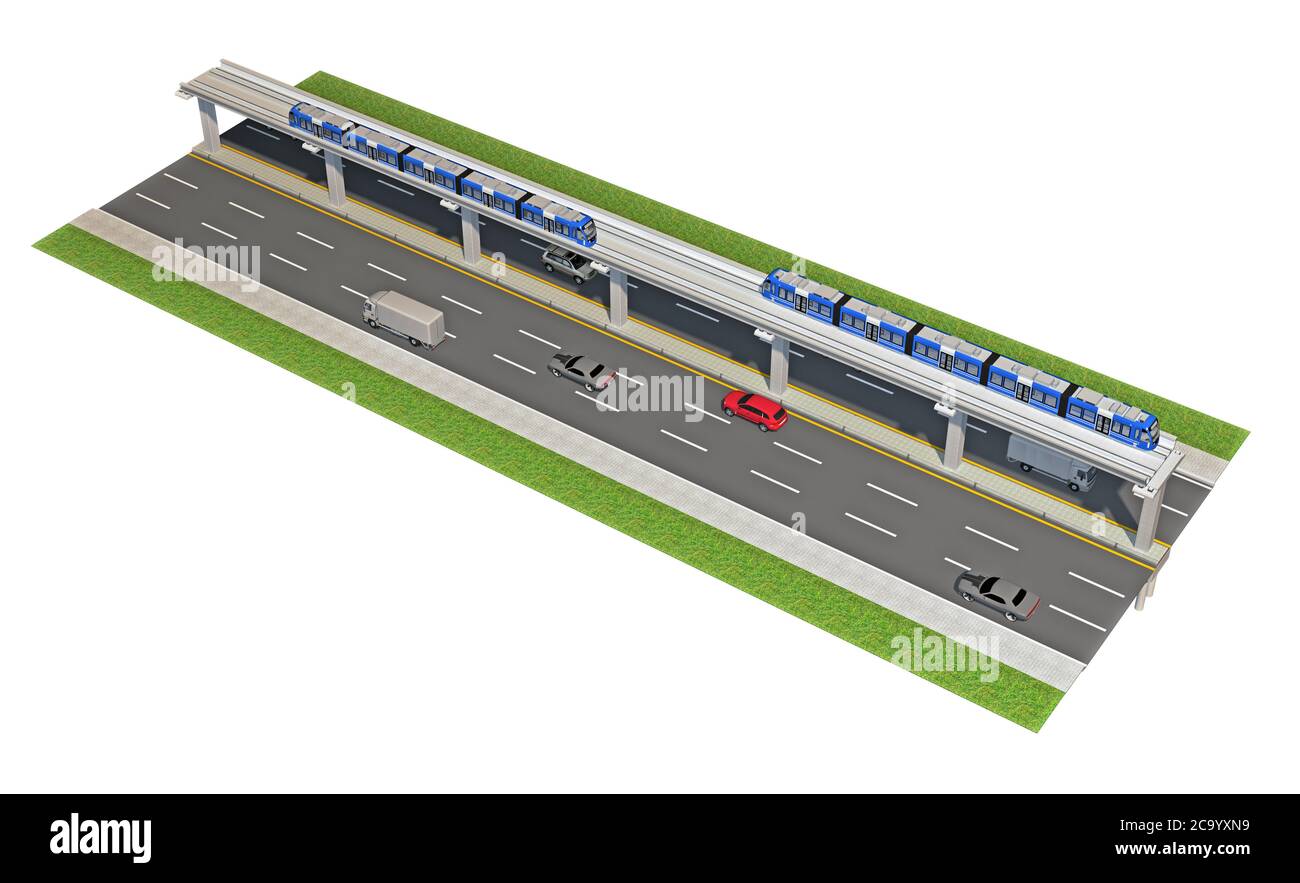 piece of road with overground subway isolated on white. 3d rendering ...