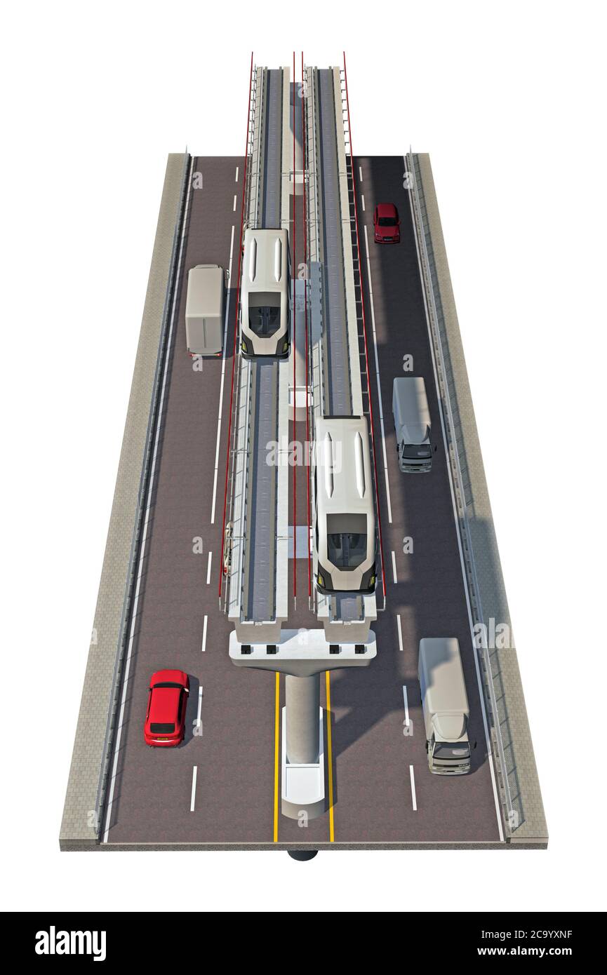 piece of road with overground subway isolated on white. 3d rendering ...