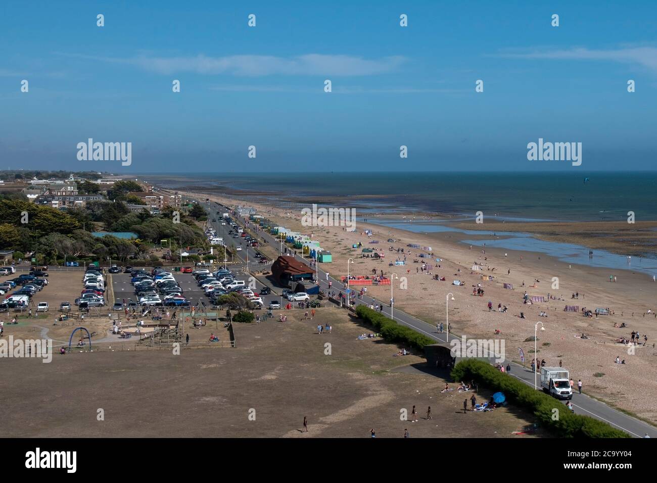 Aerial view of the popular seafront of Littlehampton on a busy day in ...
