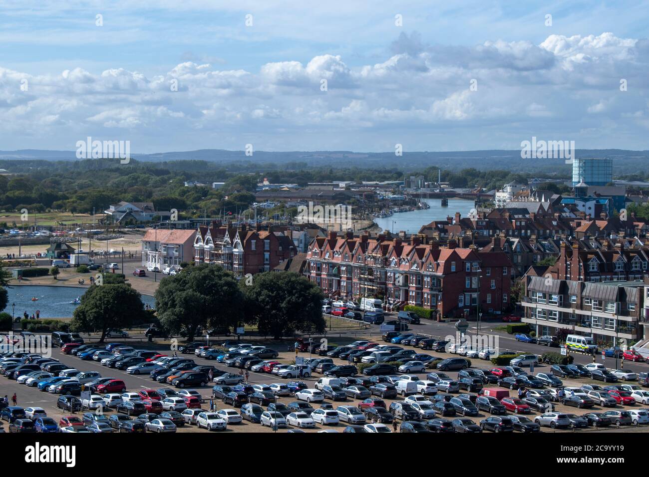 Aerial view of Littlehampton in West Sussex from the seafront looking ...